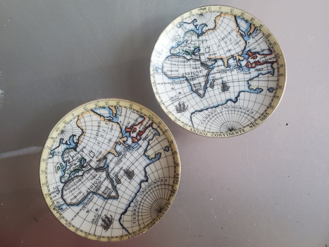 World Map Atlas Small Porcelain Trays, Vintage Home Décor, Set of Two ...