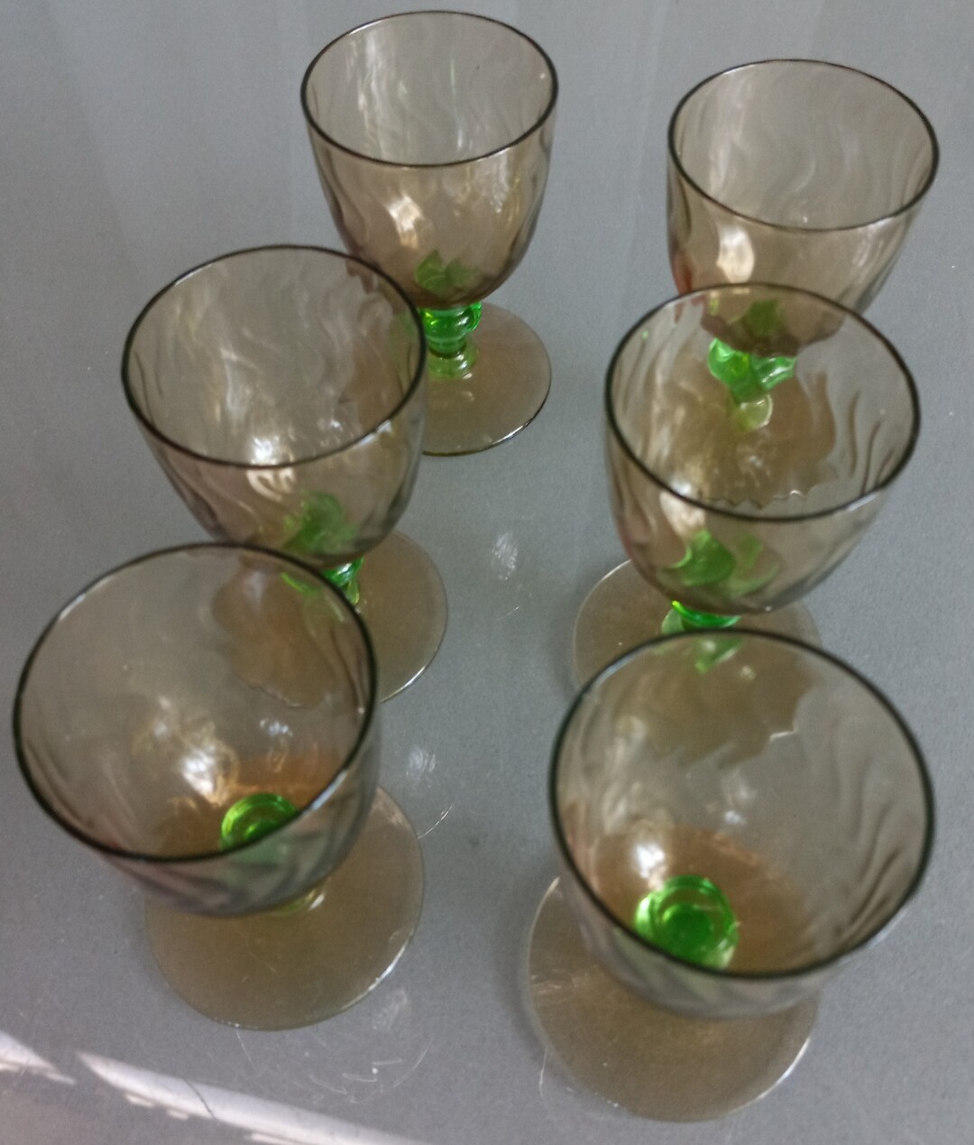 Mid Century Modern Cordial Glassware, Set of Six, Amber With Green Stem ...