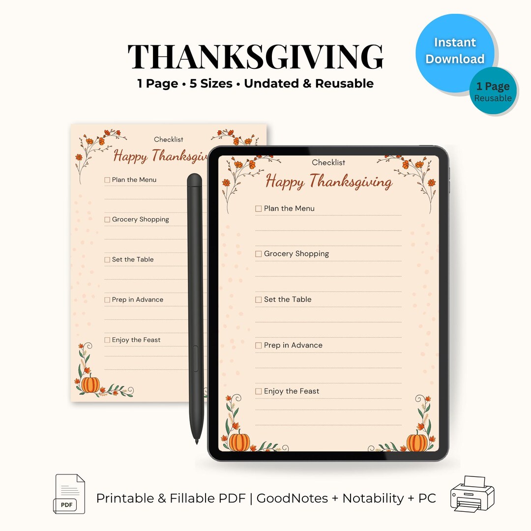 Thanksgiving Dinner Checklist | Holiday Planner (printable PDF) - Etsy