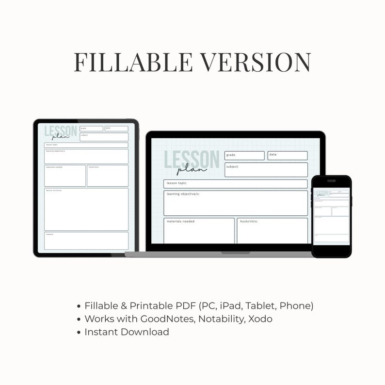 Printable Lesson Plan Template: Fillable PDF Teacher Planner (digital ...