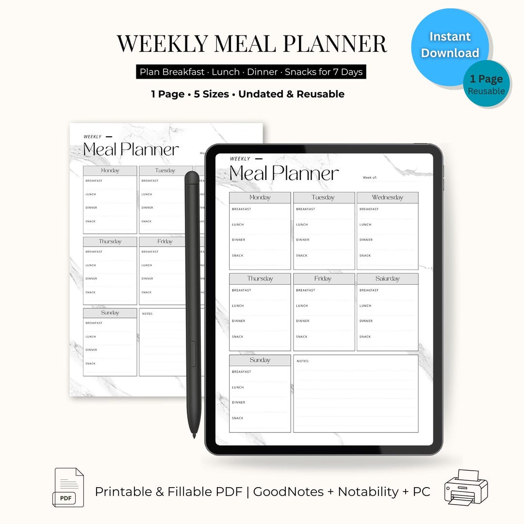 Weekly Meal Planner: Printable 7-day Food Journal (fillable PDF) - Etsy