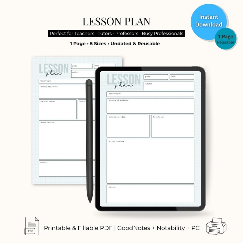 Printable Lesson Plan Template: Fillable PDF Teacher Planner (digital ...