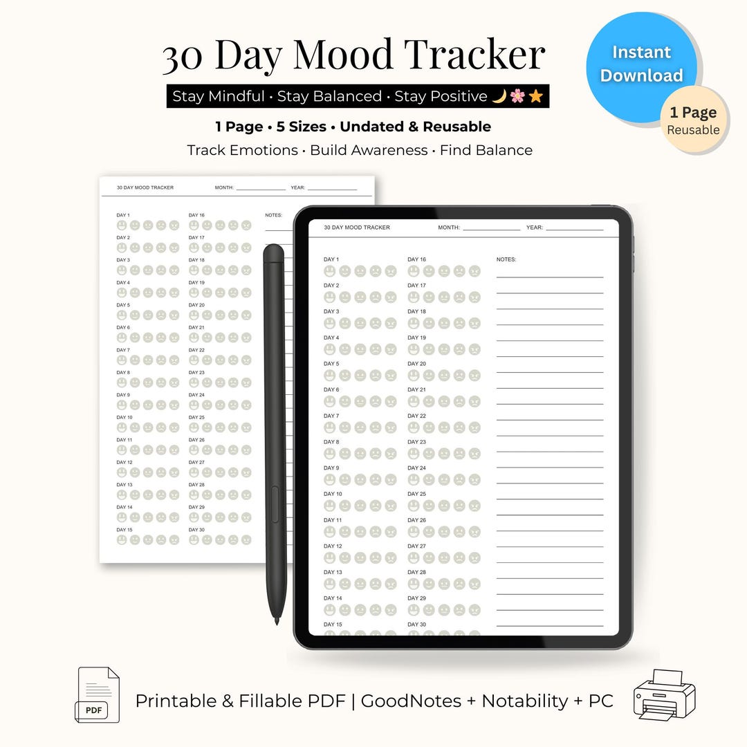 Printable 30-day Mood Tracker: Self-care Journal (PDF) - Etsy