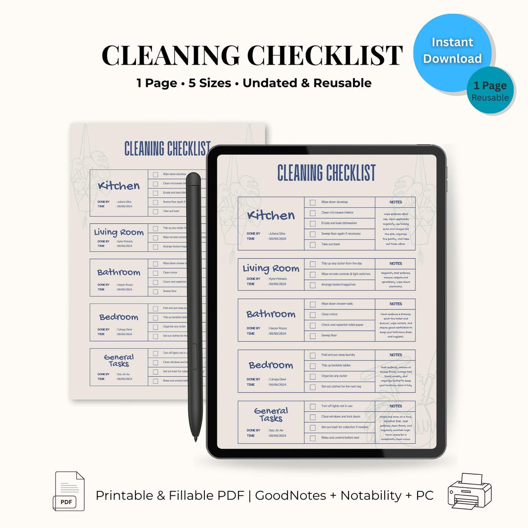 Cleaning Checklist Printable | House Cleaning Planner | Fillable PDF ...
