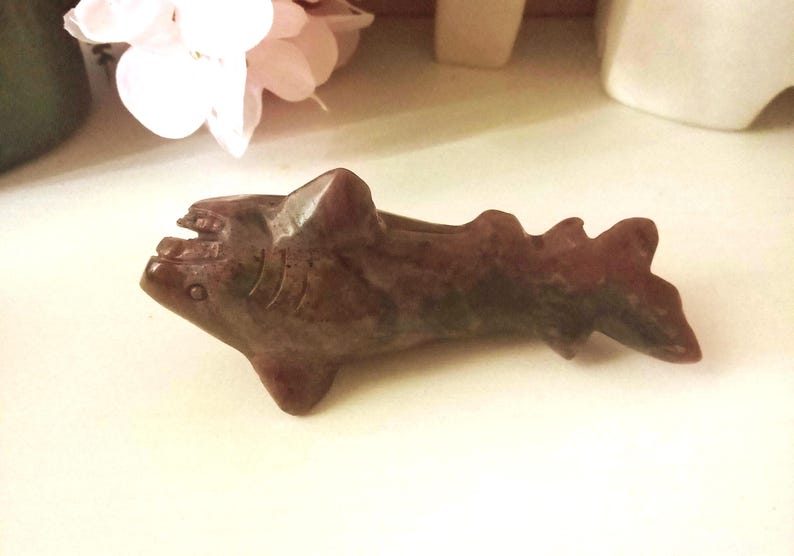 Mookaite Shark Crystal Carving 3.5", Red Brown Green Stone Figurine ...