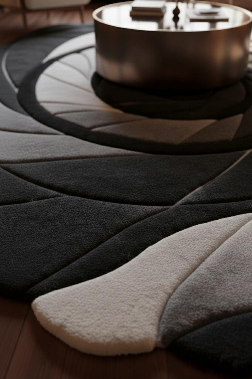Modern Abstract Round Rug, Hand Tufted Wool Area Rug, Black Grey White ...