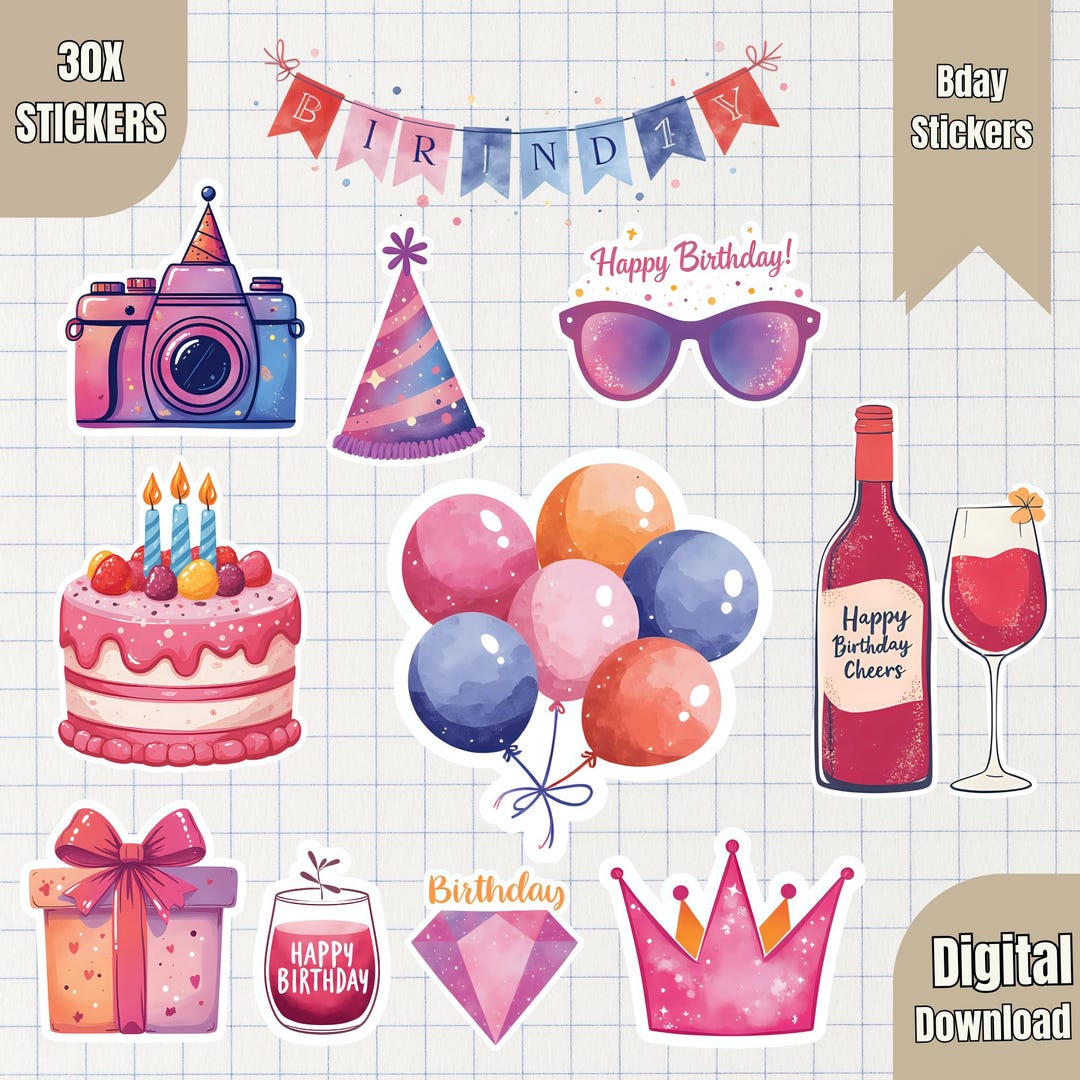 Printable Birthday Stickers | Cute Birthday Planner Stickers | Digital ...