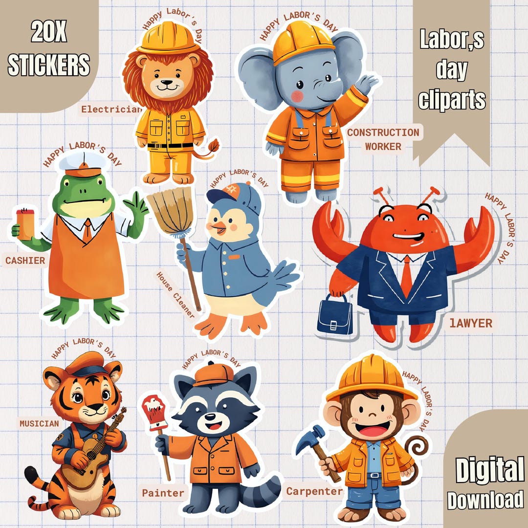 Digital Stickers Labor's Day, Animal Sticker Bundle, Kids Pets Job ...
