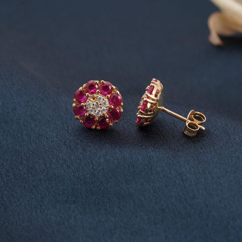 Luxury Ruby Flower Stud Earrings | 14K Gold Plated Sterling Silver ...