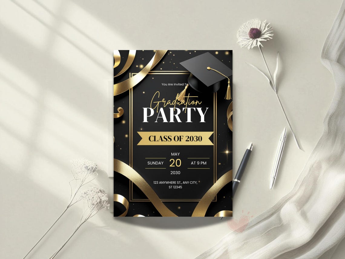 Elegant Gold Graduation Party Invitation Template: Class of 2030 ...