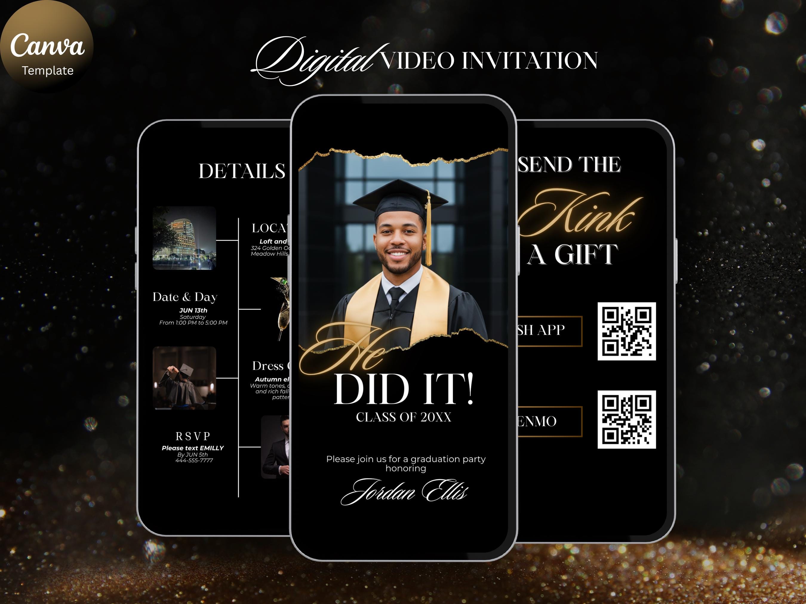 Luxury Black and Gold Graduation Invitation, Digital Grad Party Evite ...