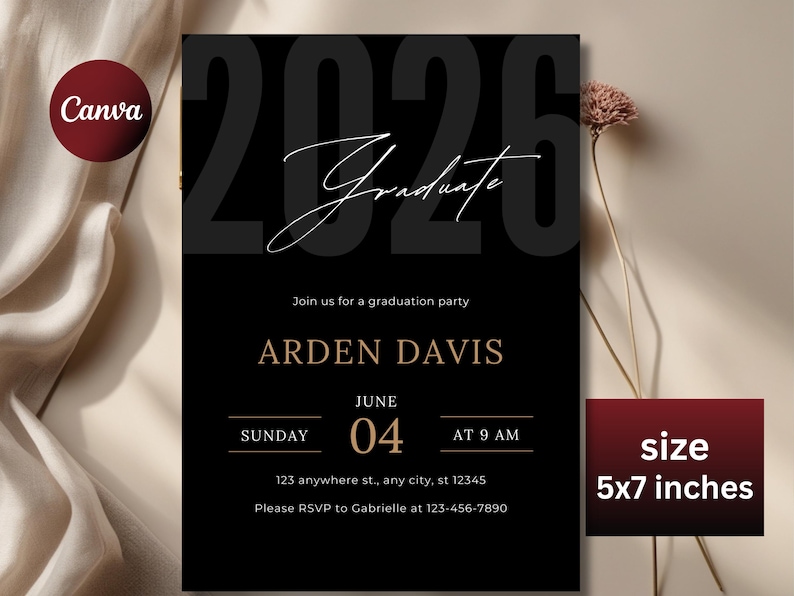 Graduation Invitation Template 2025. Modern Black Gold Graduation Party ...