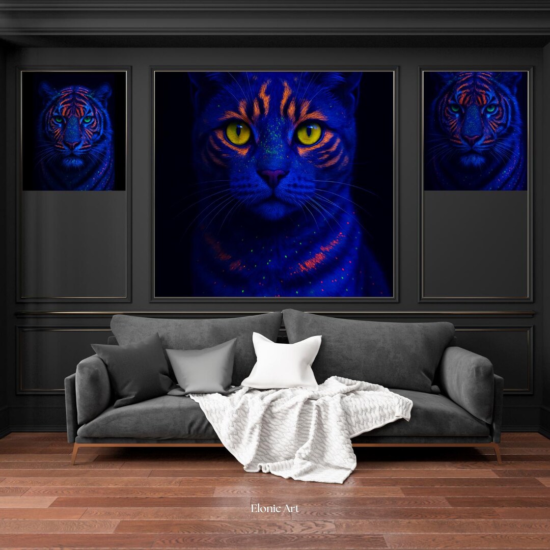 Neon Glow Cat Wall Art | UV Light Tiger Print | Vibrant Jungle Animal ...