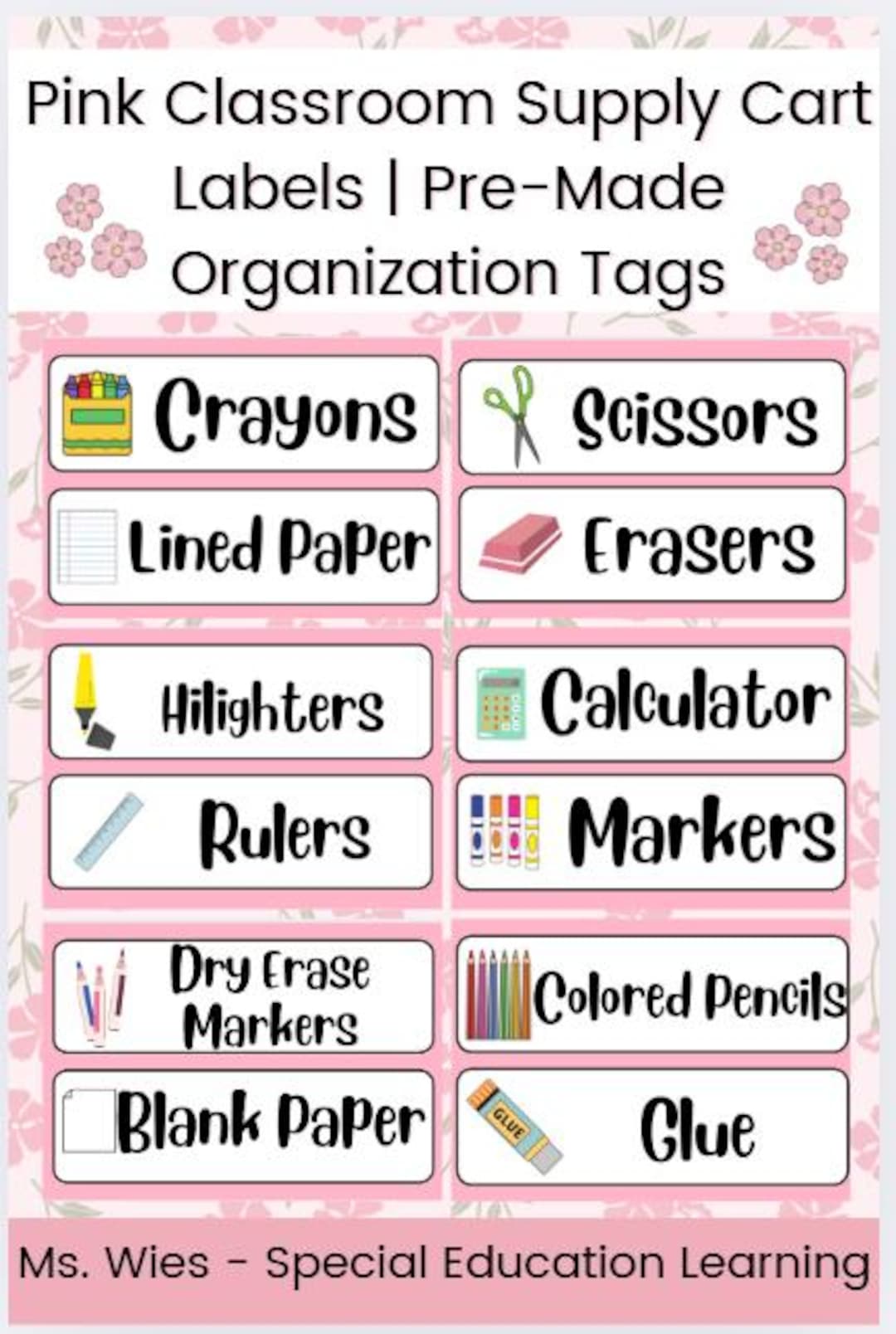 Pink Classroom Supply Cart Labels | 12 Pre-made Organization Tags - Etsy