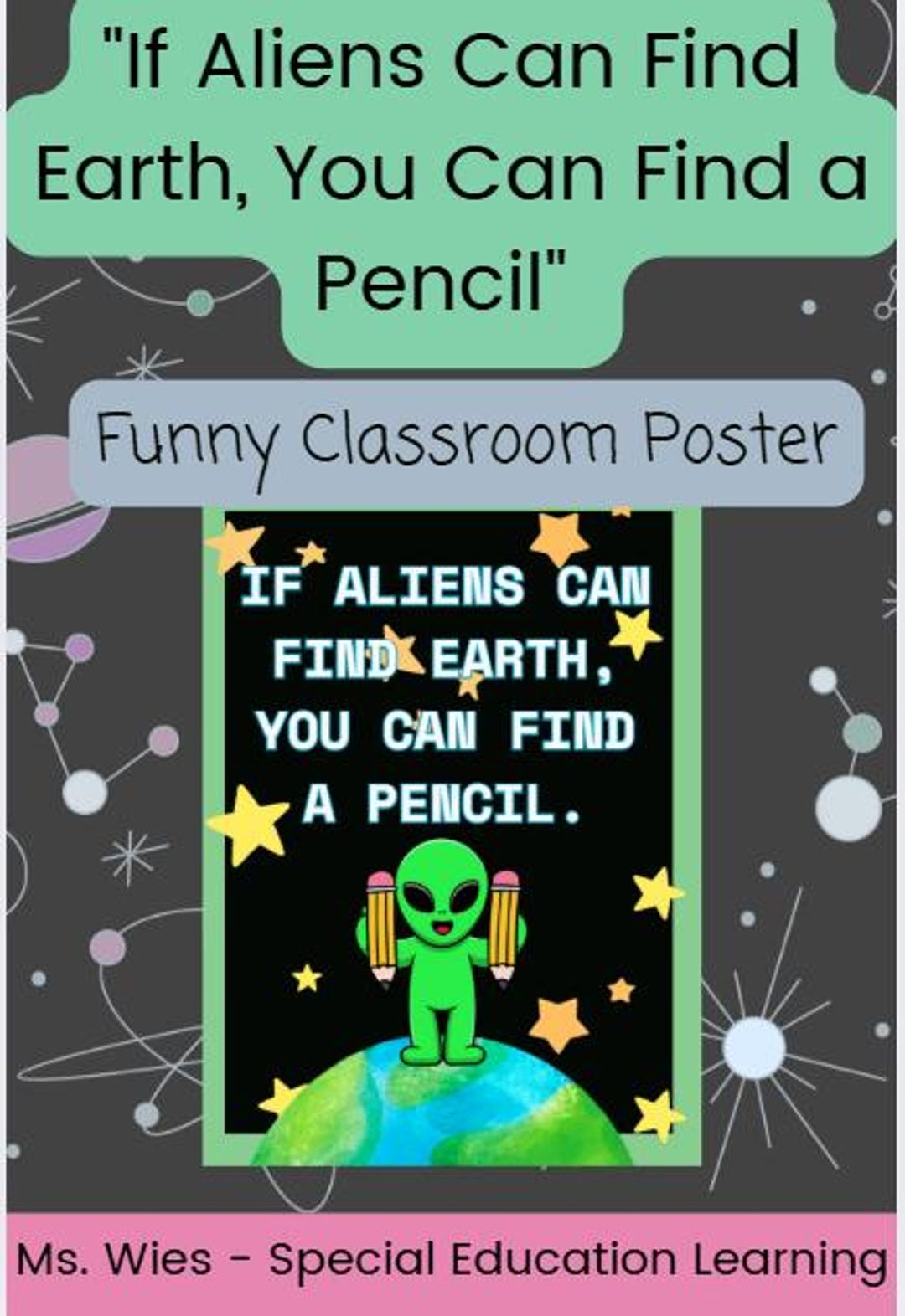 Funny Alien Classroom Poster: Find Earth, Find a Pencil (PDF Download 8 ...