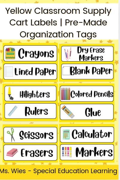 Yellow Classroom Supply Cart Labels | 12 Pre-made Organization Tags - Etsy