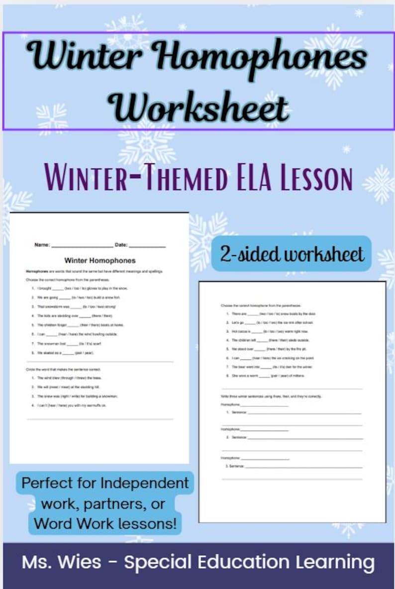 Winter Homophones Worksheet 2-page Printable - Etsy