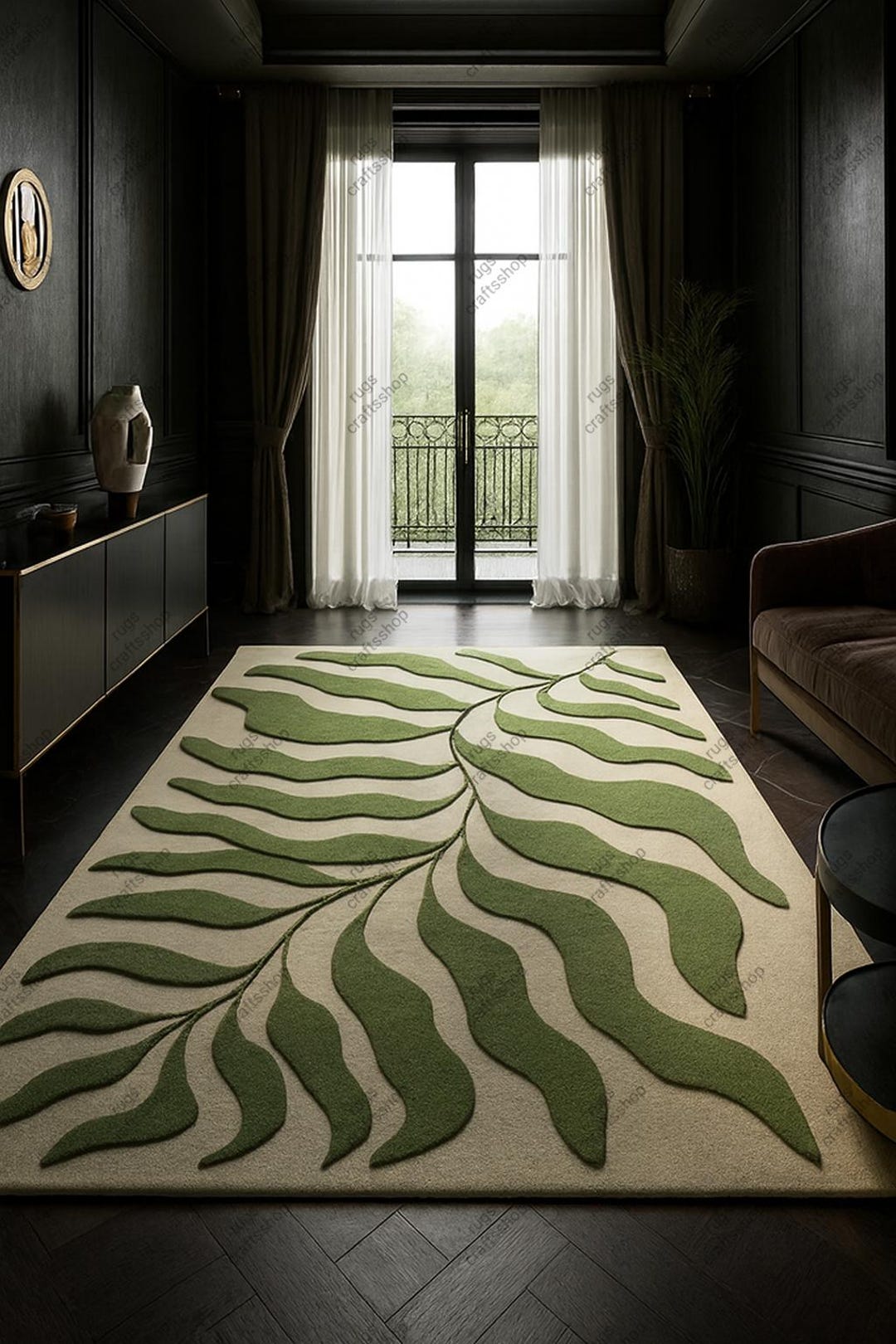 Green Leaf Botanical Rug | Handmade Wool Nature Carpet | Modern Luxury ...