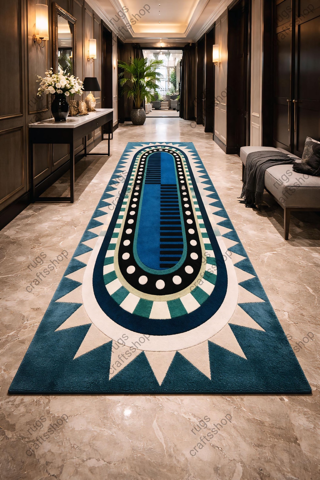 2.5x12 Ft Luxury Hand Tufted Modern Runner Rug Abstract Geometric Blue ...