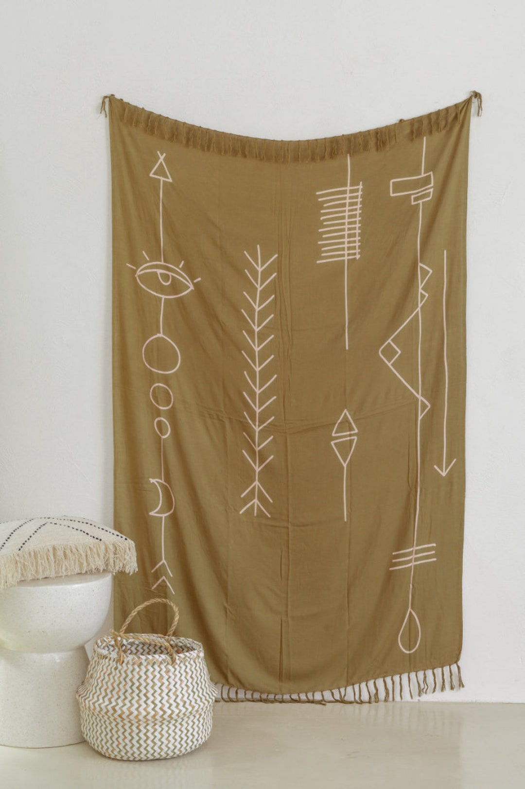 Tapisserie abstraite en olive vintage Textile bohème pour femme, paréo ...