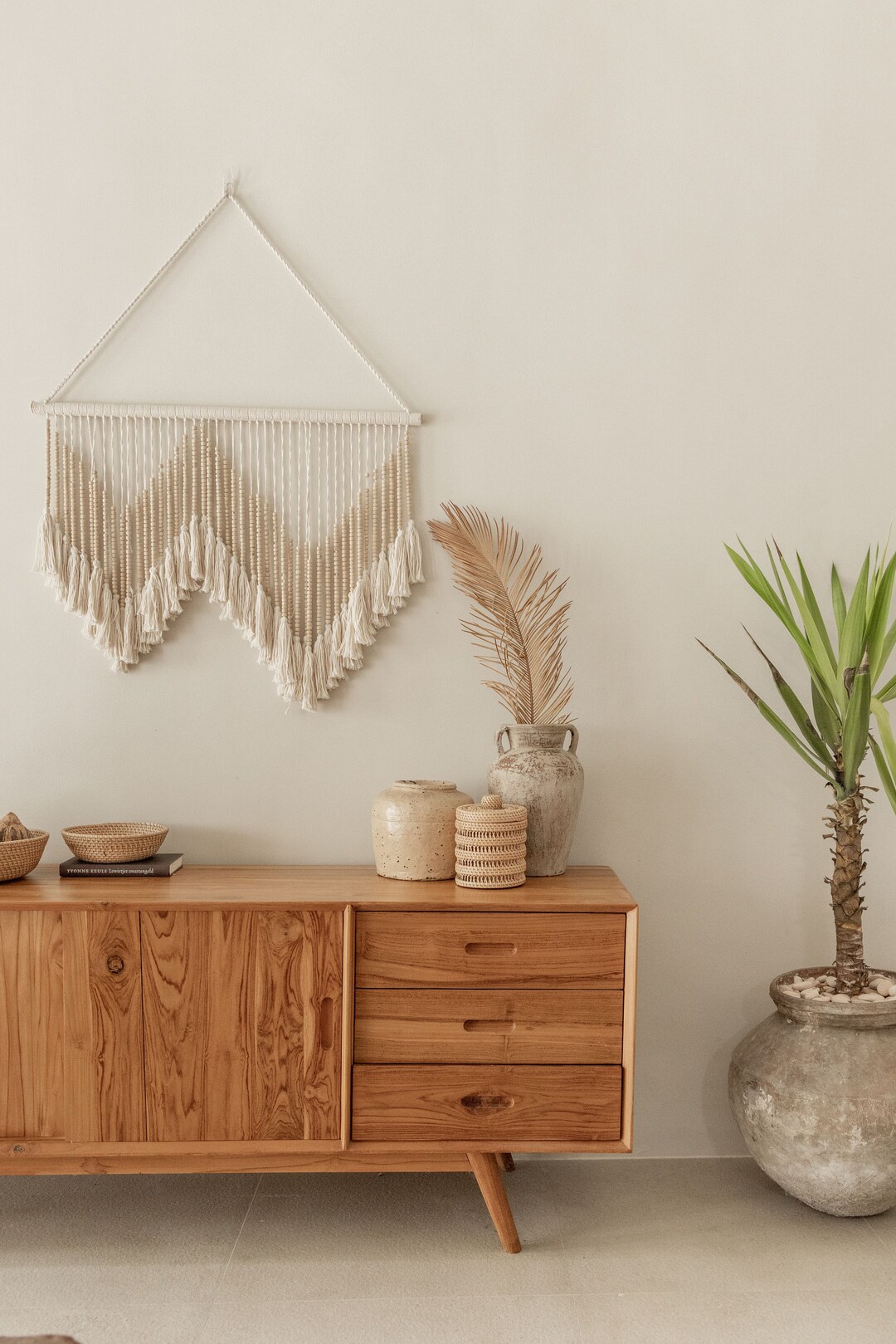 Tanah Beaded Wall Hanging | Ivory Cream Decor, Boho Wall Art, Rustic ...