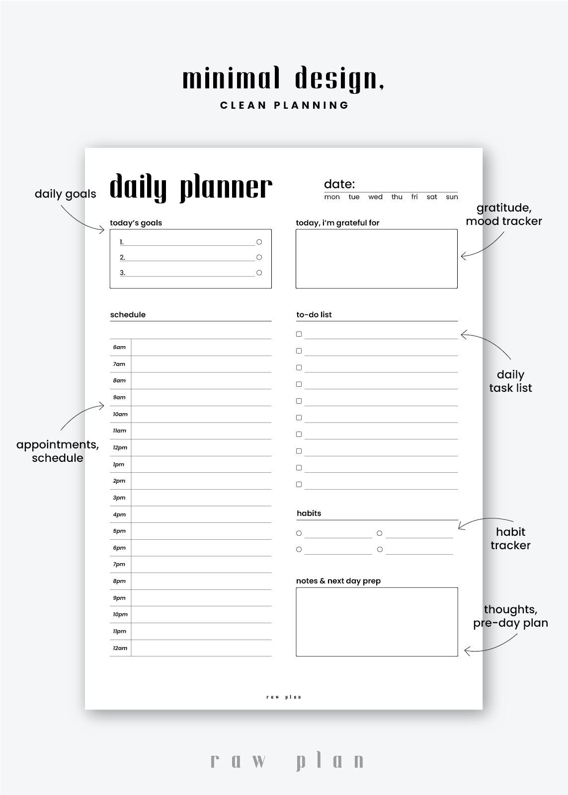 Minimalist Daily Planner Printable – 1 Page Fillable PDF | A4 A5 Letter ...