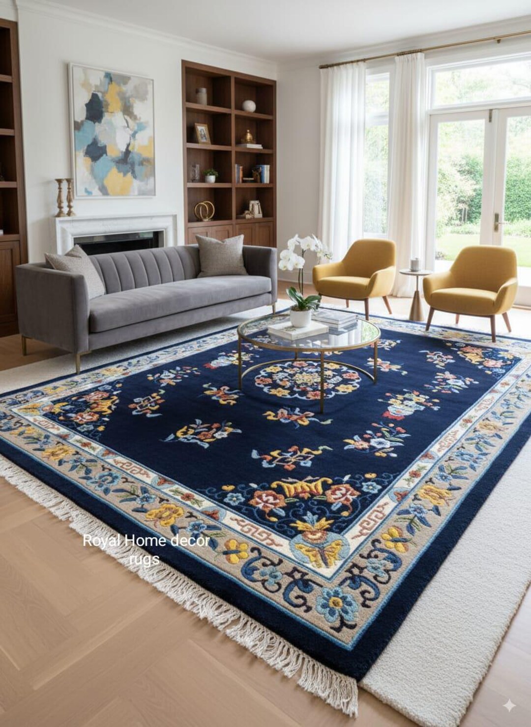 Royal Blue Hand Tufted Oriental Floral Carpe Luxury Navy Blue ...