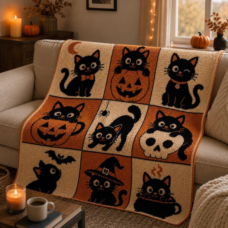 Halloween Black Cat Crochet Blanket Pattern, Spooky Cat Graphgan PDF ...