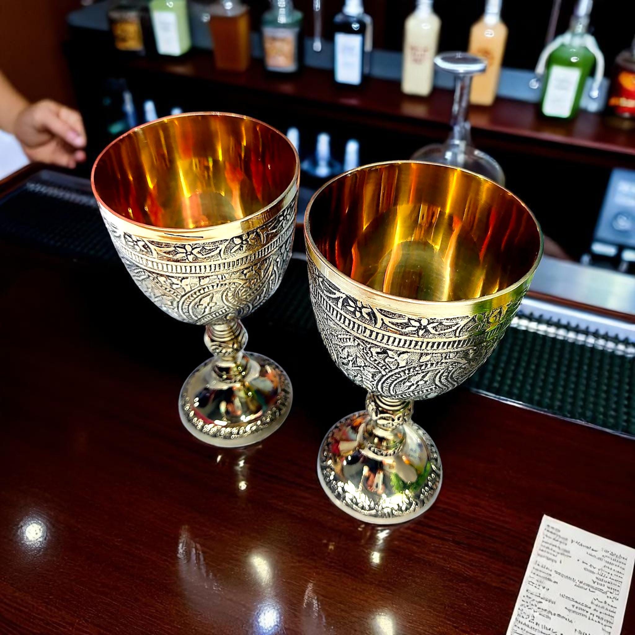 Personalized Etched Brass Wine Goblets – Vintage Chalice Set - Etsy
