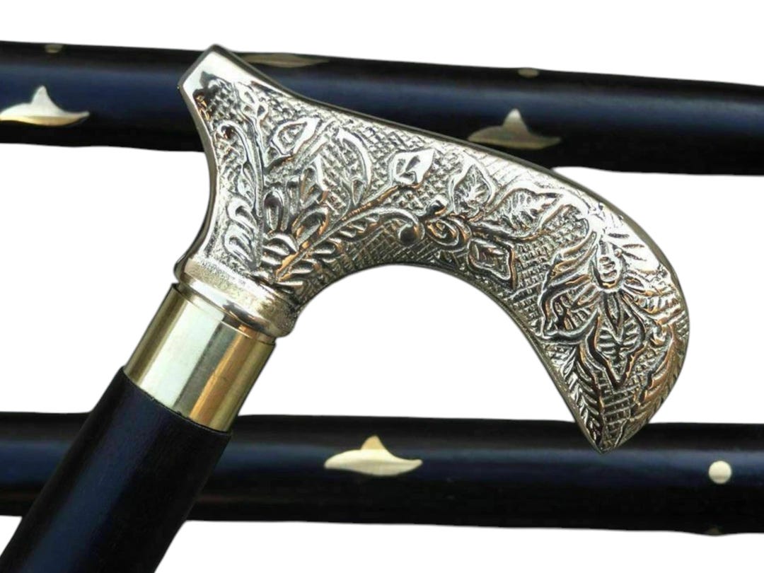 Vintage Brass Handle Walking Stick – Carved Floral Grip Cane – Wooden ...
