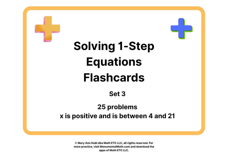 Solving 1-step Equations Flashcards Set 3 Addition - Etsy