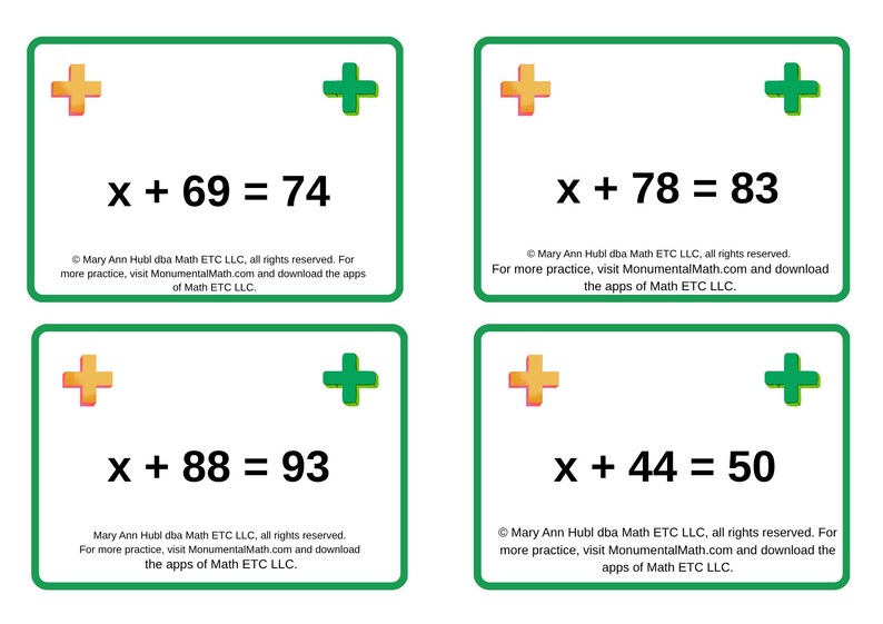 Solving 1-step Equations Flashcards, Set 2, Addition - Etsy