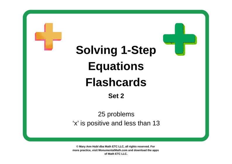Solving 1-step Equations Flashcards, Set 2, Addition - Etsy