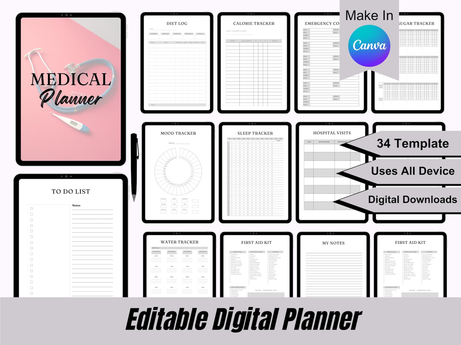 Editable Medical Planner Canva Template: Health & Medication Tracker ...