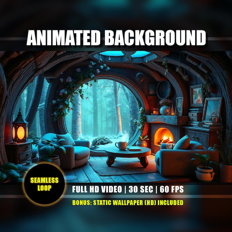 Animated Background - Cozy Treehouse Living Room Fireplace | Winter ...