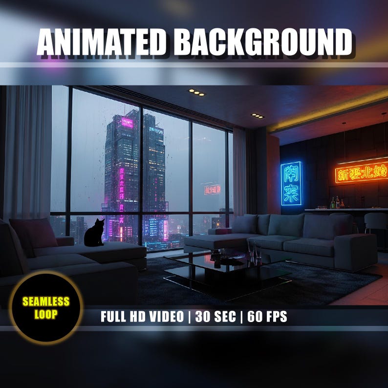 Animated Background - Sci-fi Penthouse Cityscape | Cat | Neon Rain ...