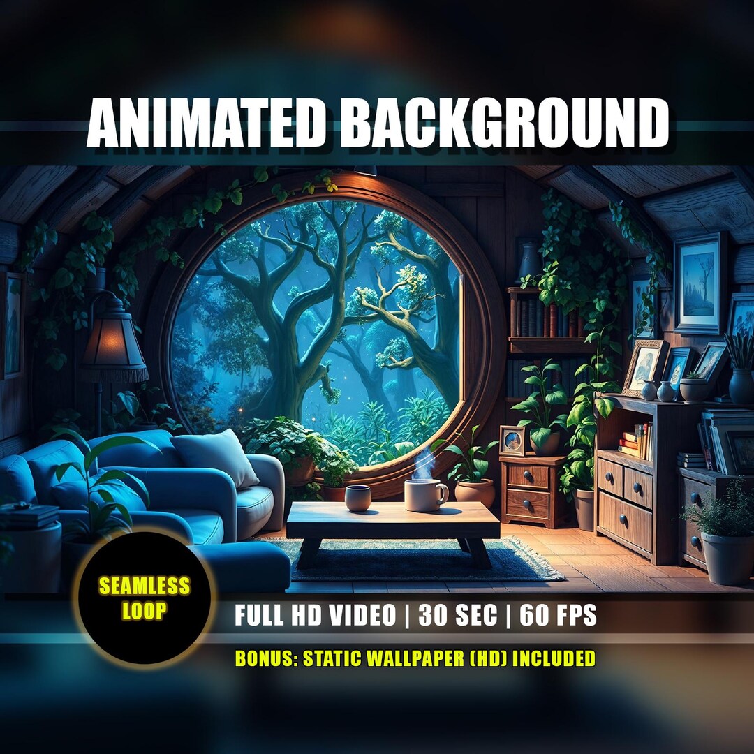 Animated Background - Cozy Treehouse Living Room | Forest Night Live ...