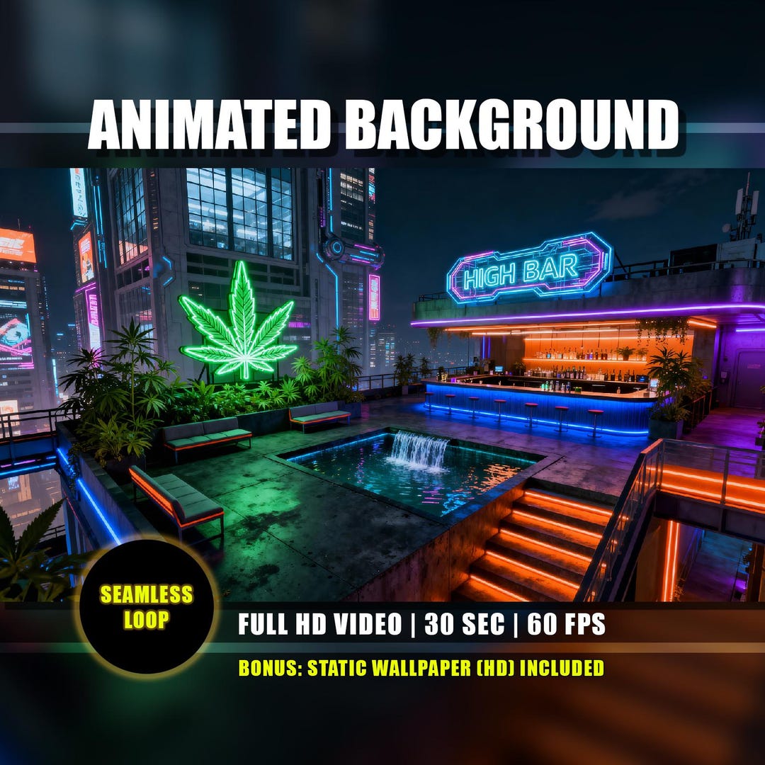 Cyberpunk Weed Rooftop Lounge Animated Background, Marijuana Pot Leaf ...