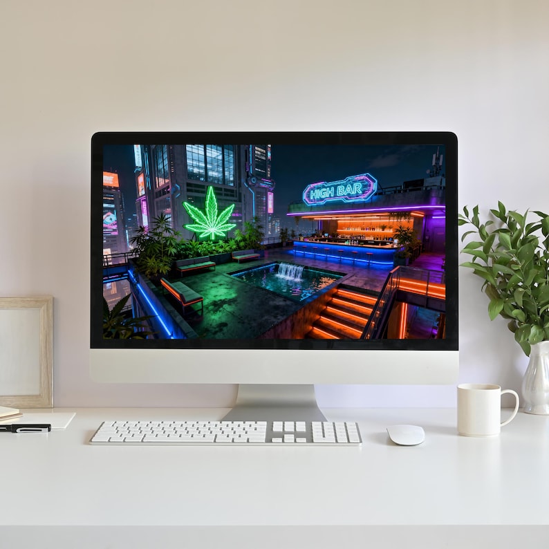 Cyberpunk Weed Rooftop Lounge Animated Background, Marijuana Pot Leaf ...