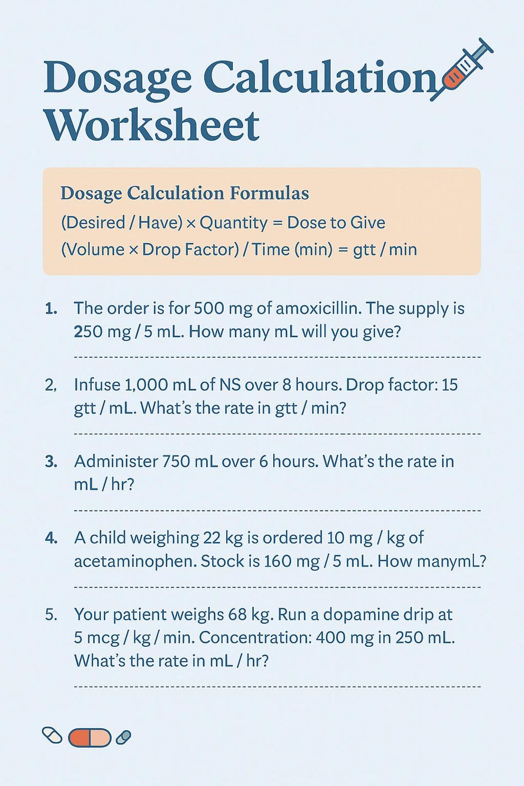 Dosage Calculation Worksheet - Etsy