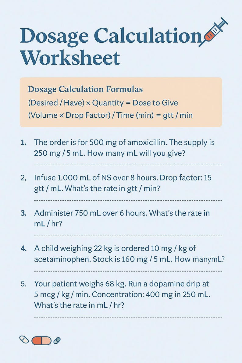 Dosage Calculation Worksheet - Etsy