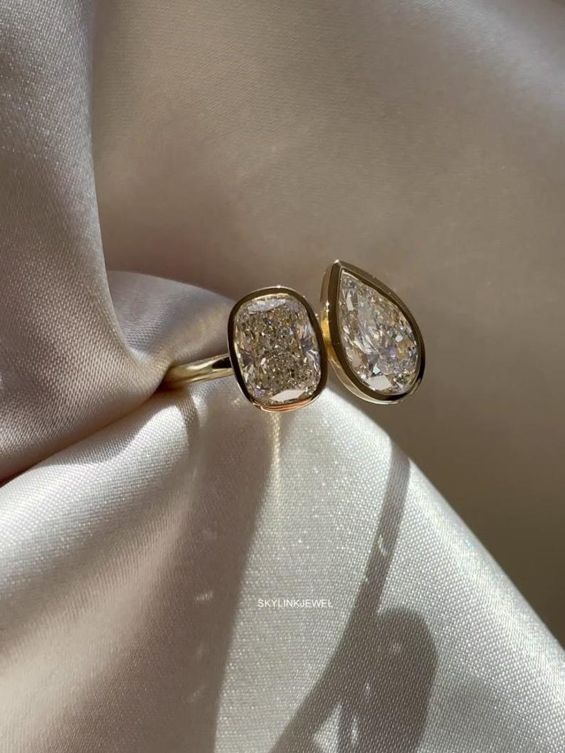 Two Stone Moissanite Engagament Ring, Bezel Set Ring 14K Solitaire Gold ...