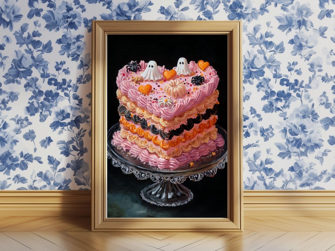 Vintage Halloween Cake Art Print: Pink Ghost, Spooky Retro Decor ...