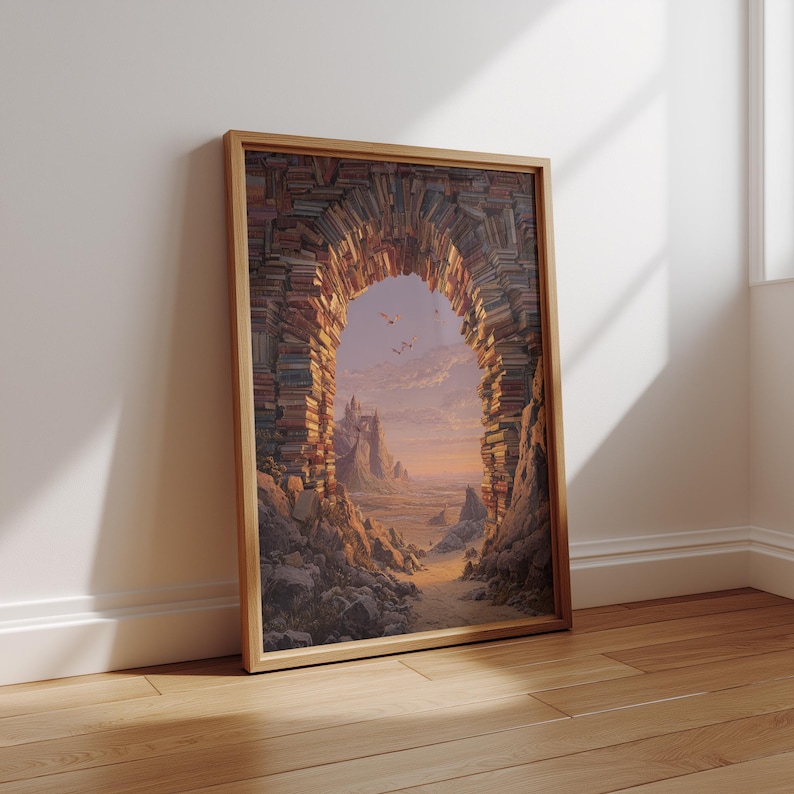 Book Portal Art Print | Fantasy Dragon Castle Sunset Wall Decor ...