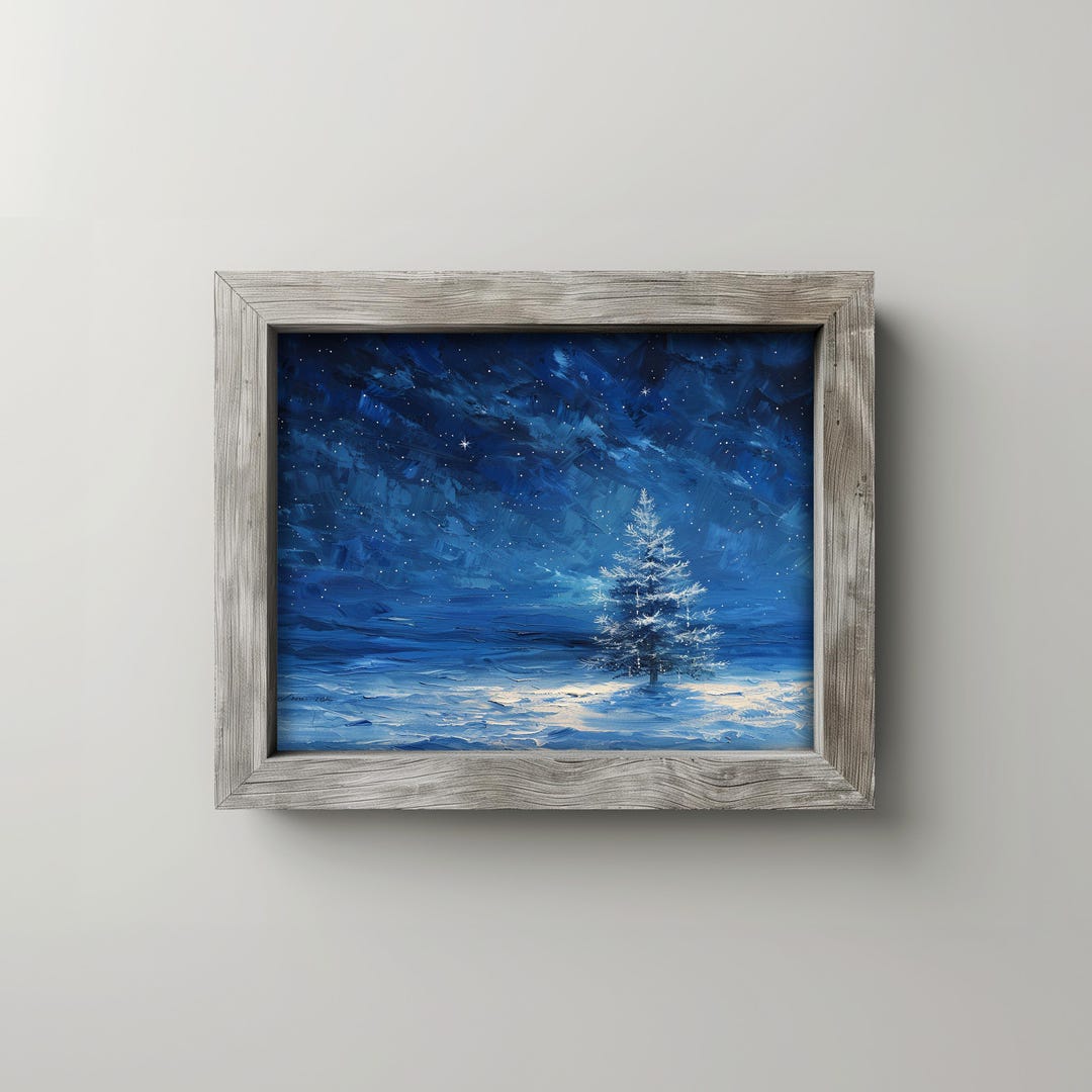 Midnight Tree Under Northern Stars Painting, Snowy Night Winter Wall ...