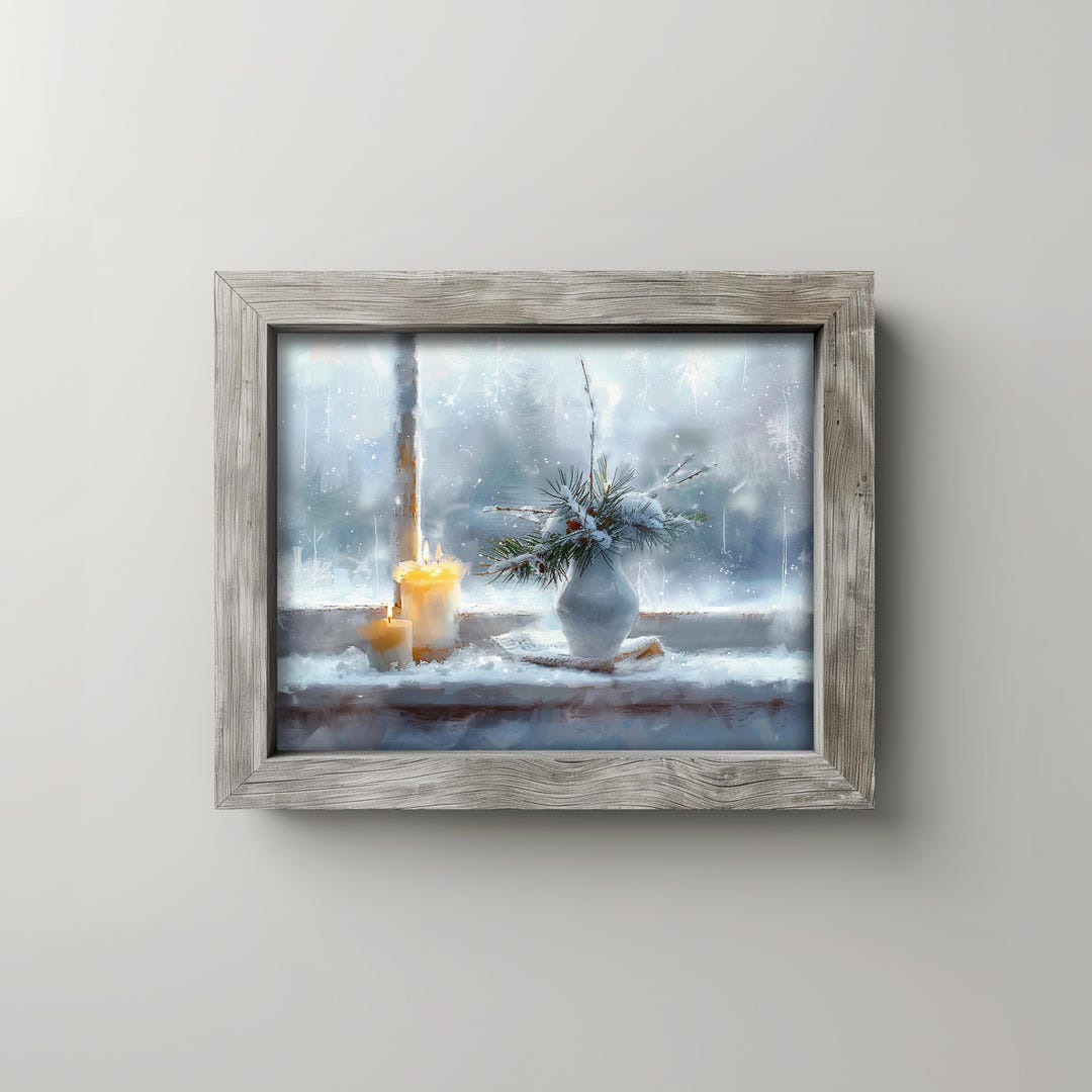 Frosted Window With Candle and Snow View Printable Art, Cozy Winter ...