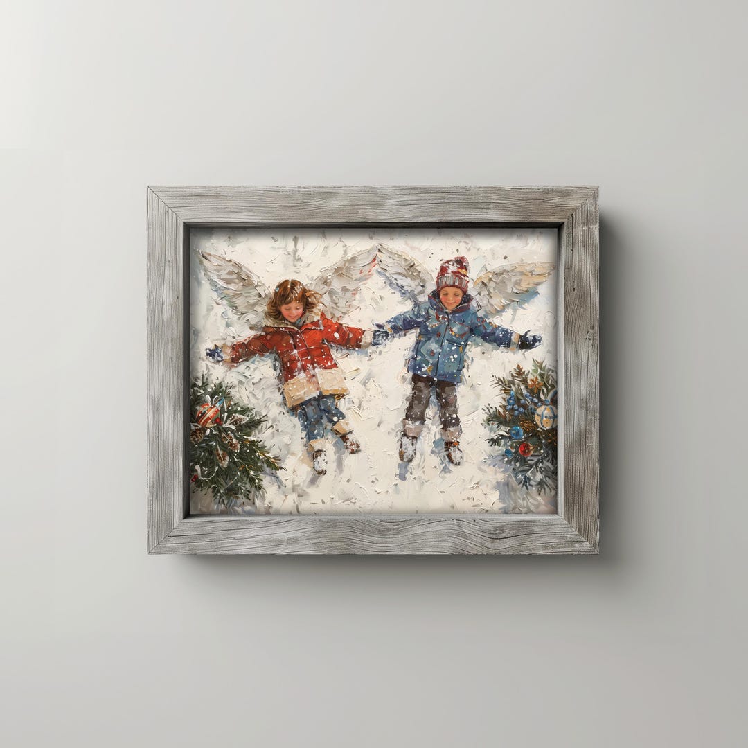 Kids Making Snow Angels Painting, Whimsical Winter Childhood Scene ...