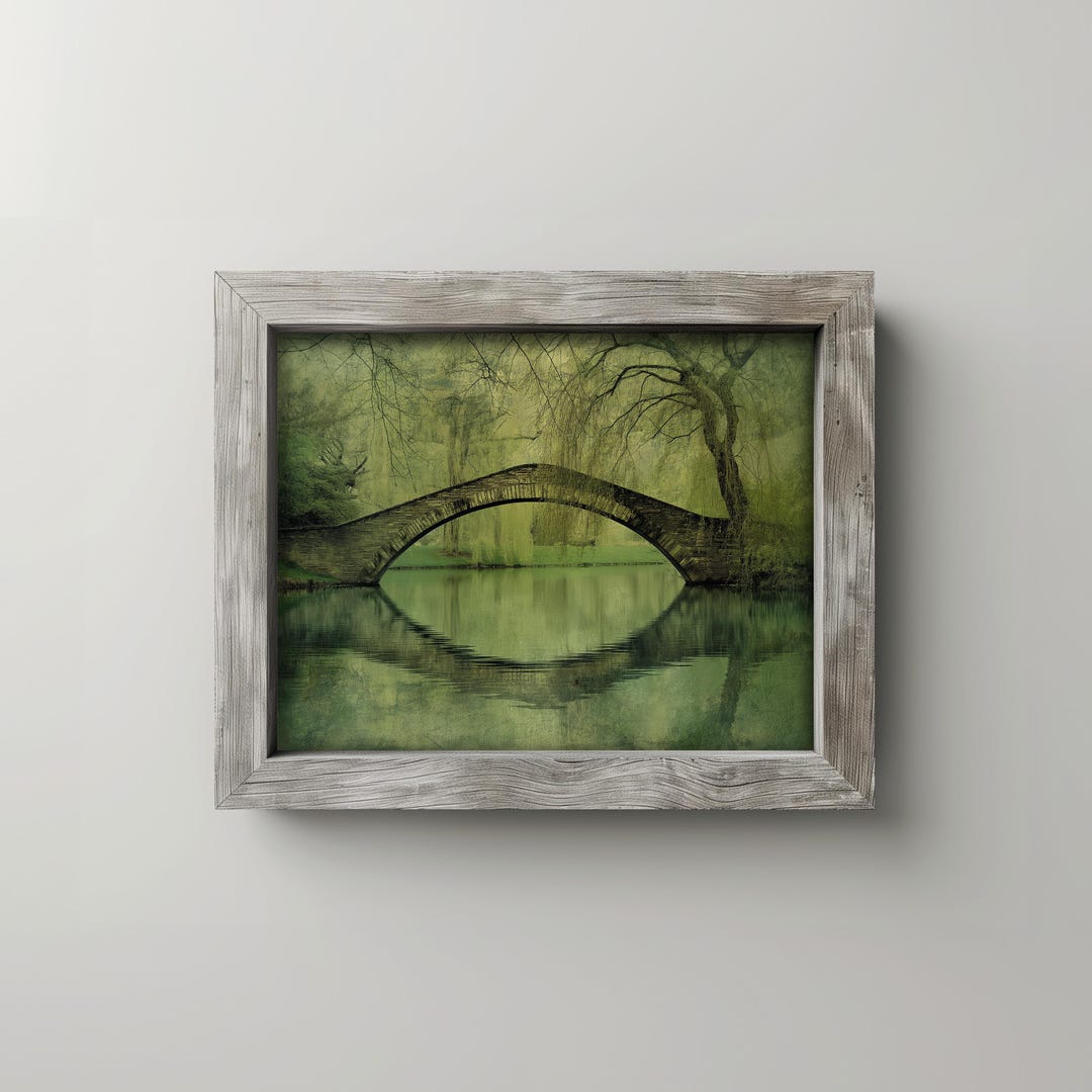 Earthy Green Bridge Landscape Printable, Rustic Willow Tree River Scene ...
