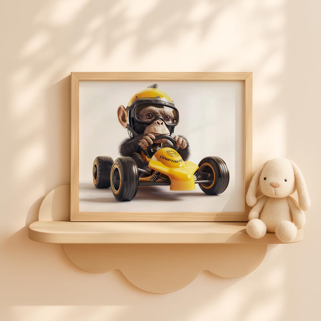 Monkey in Yellow Go-kart Printable Wall Art - Funny Racing Animal Decor ...