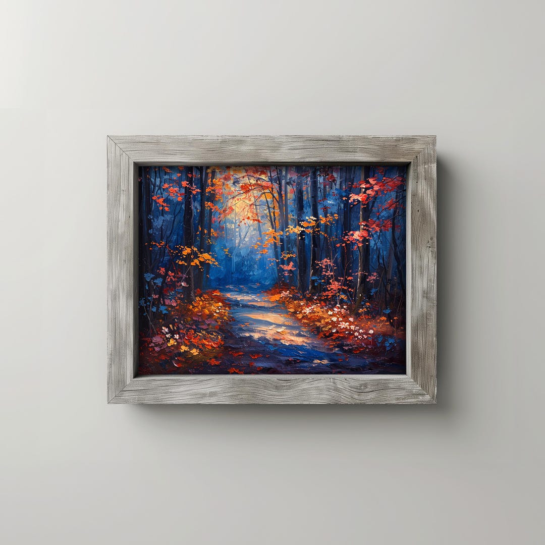 Autumn Forest Path With Falling Leaves Painting, Rustic Fall Landscape ...
